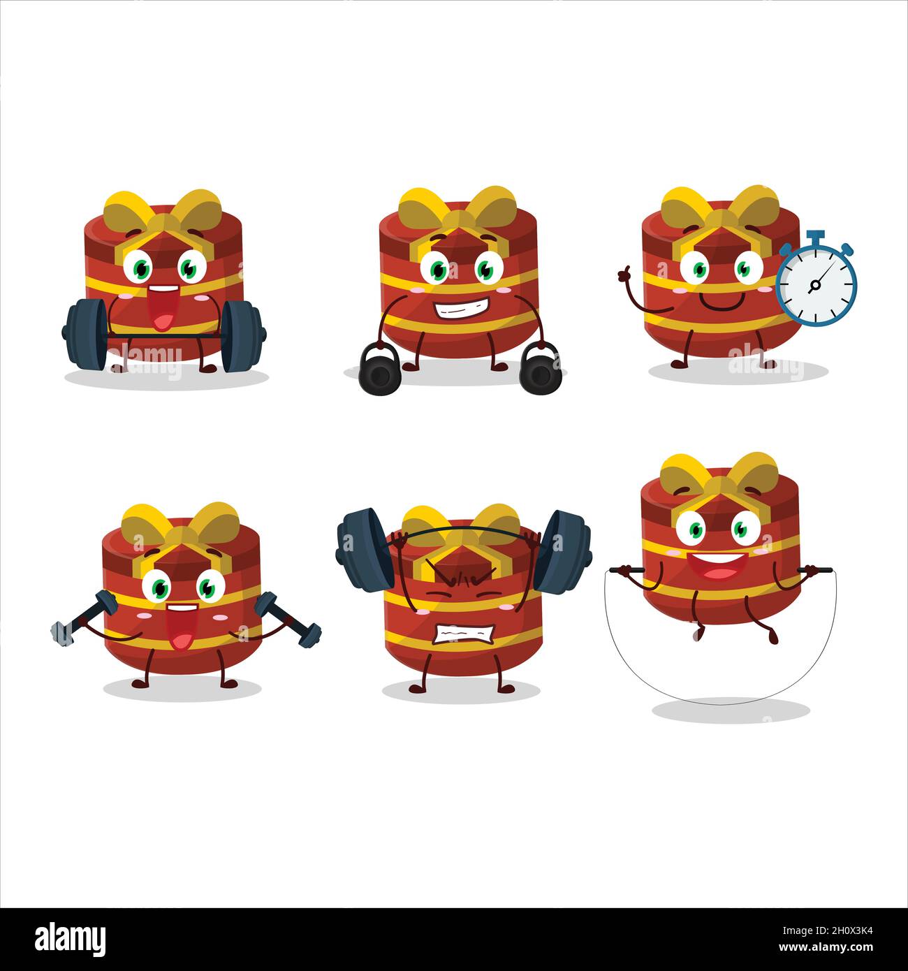 A healthy red round gift cartoon style trying some tools on Fitness ...