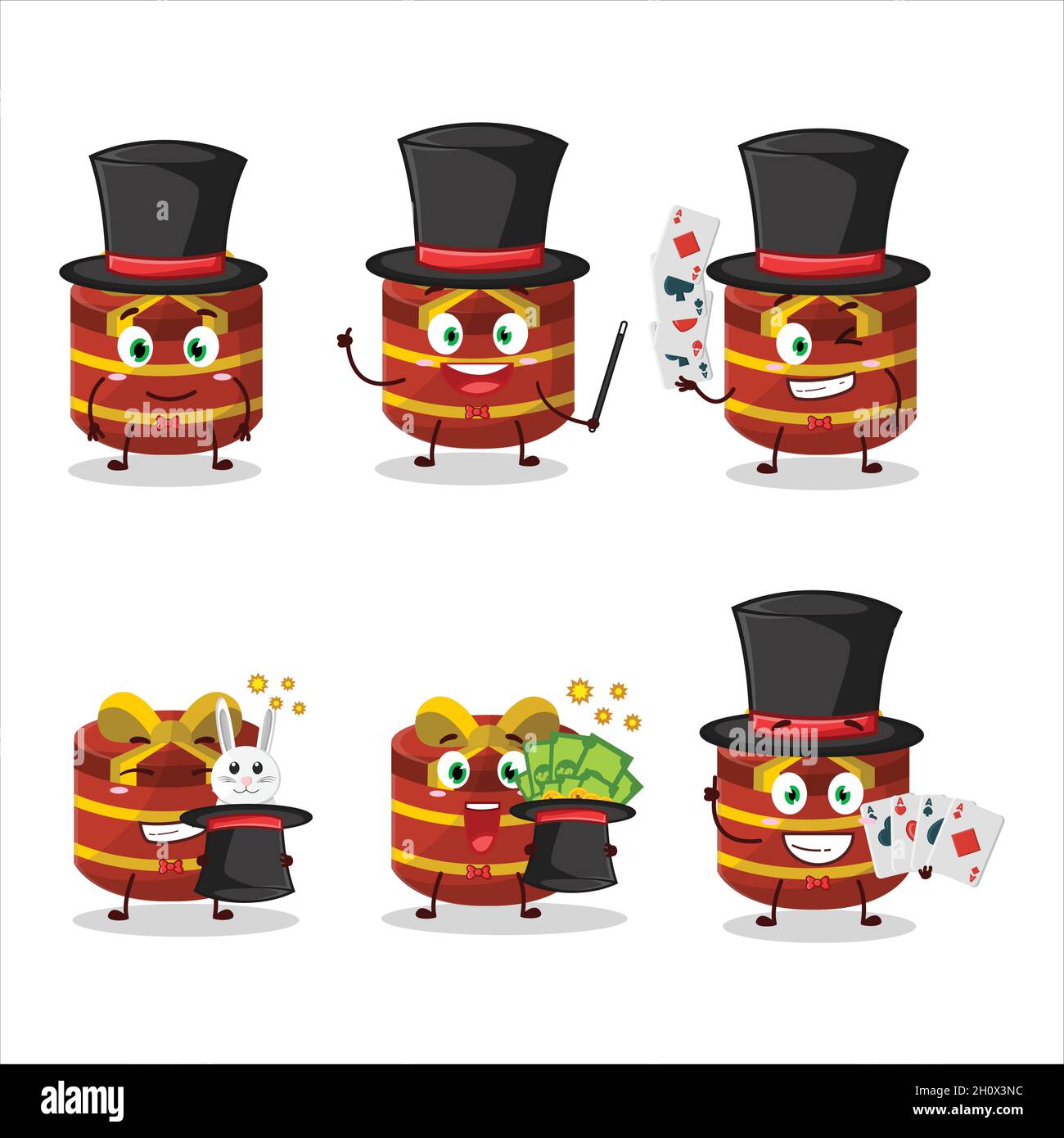 A red round gift Magician cartoon character perform on a stage. Vector ...