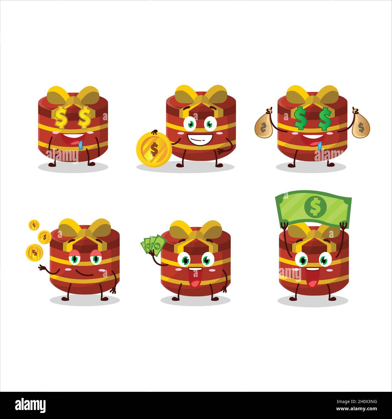 Red round gift cartoon character with cute emoticon bring money. Vector ...
