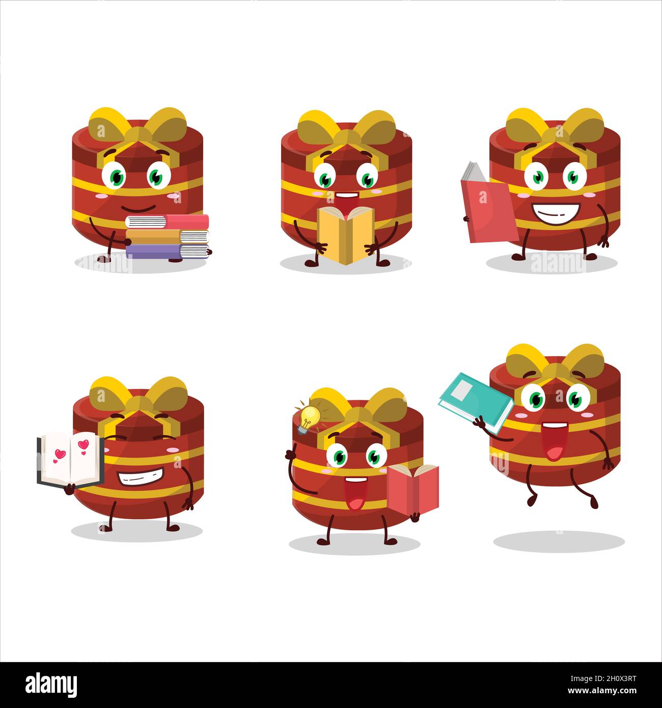 A picture of red round gift cartoon character concept reading an ...