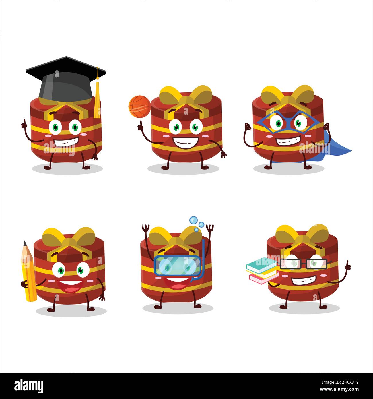 School student of red round gift cartoon character with various ...