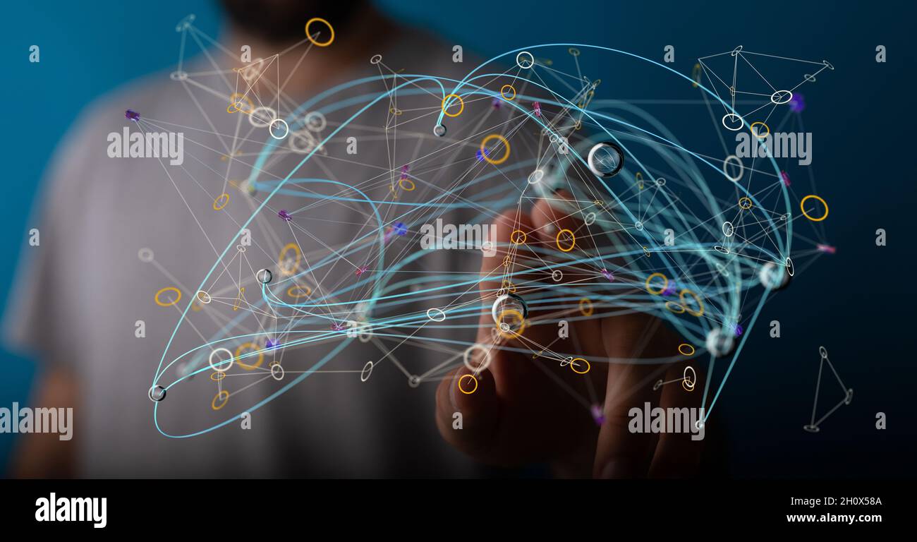 Person presenting the virtual projection of digital conference teamwork ...