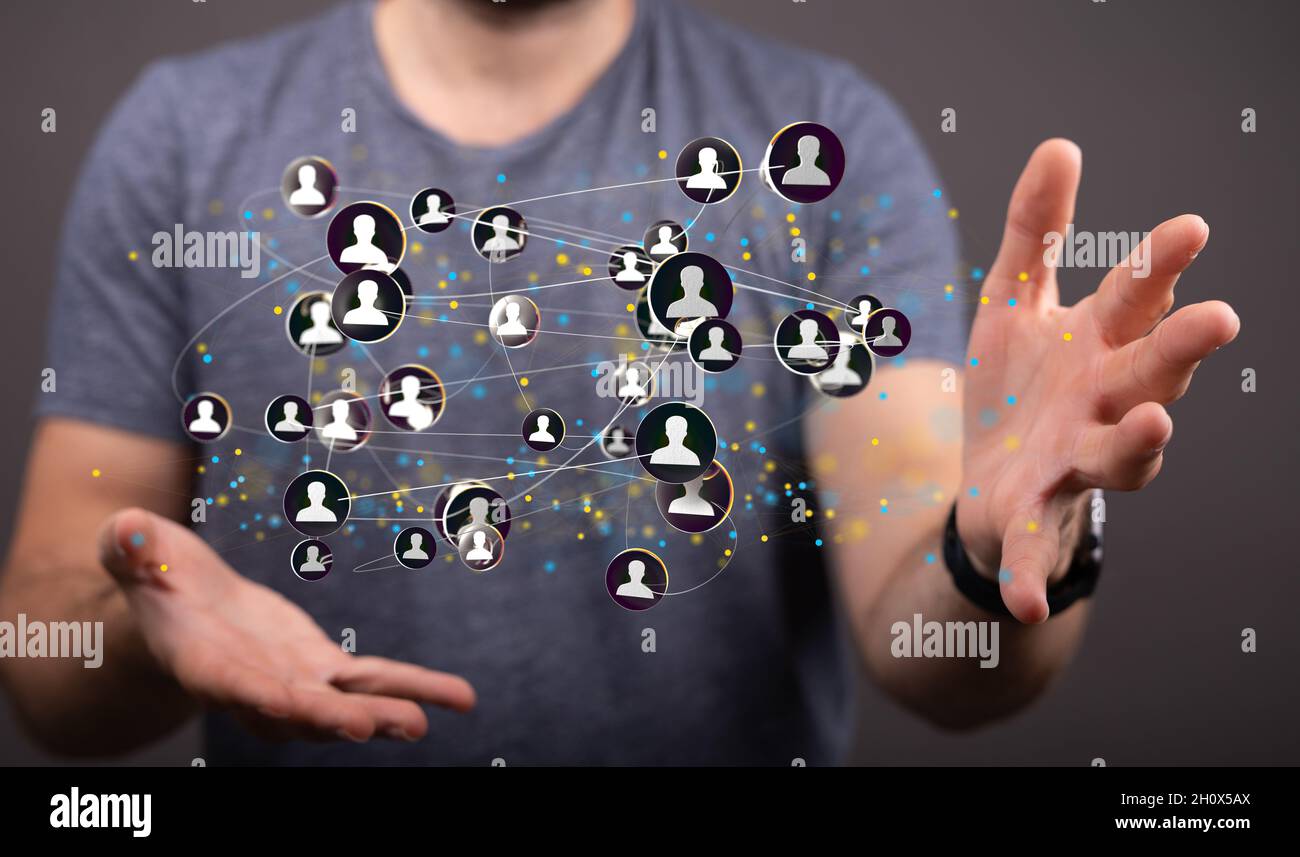 Person presenting the virtual projection of digital conference teamwork ...