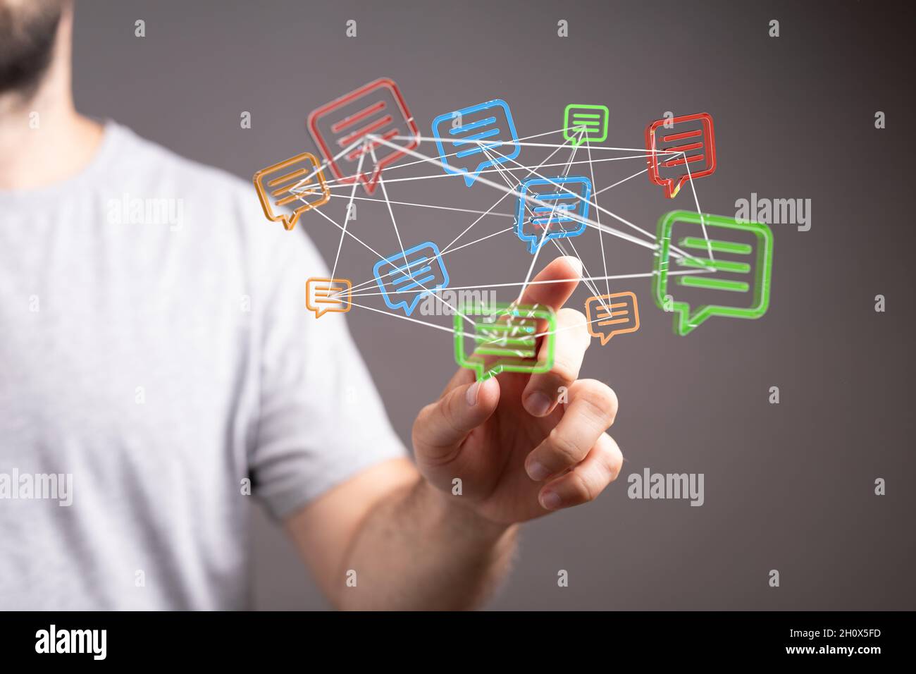 Person presenting the virtual projection of digital speech bubbles ...