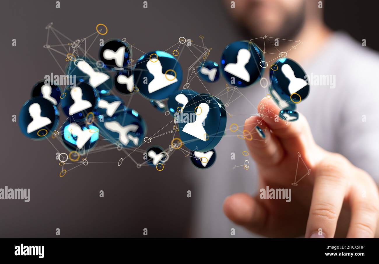 Person presenting the virtual projection of digital conference teamwork ...