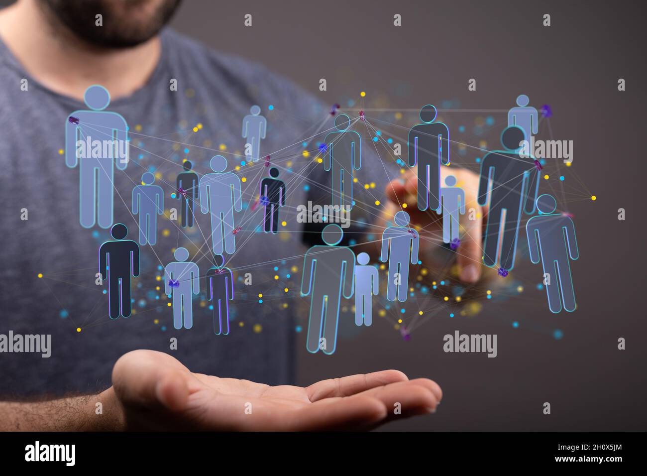 Person presenting the virtual projection of digital conference teamwork ...