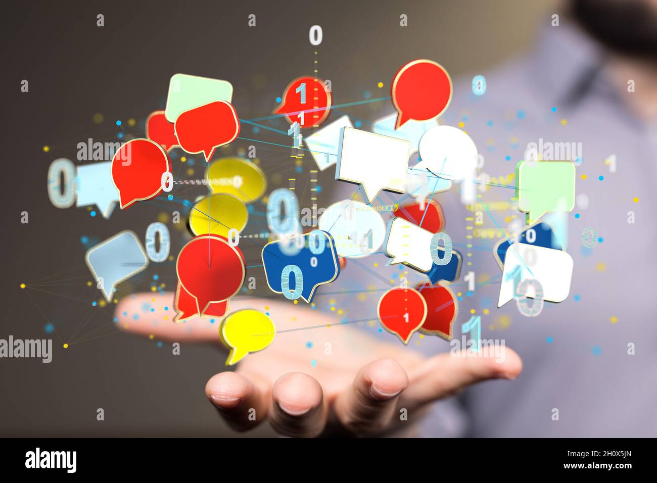 Person presenting the virtual projection of digital speech bubbles with binary numbers Stock ...