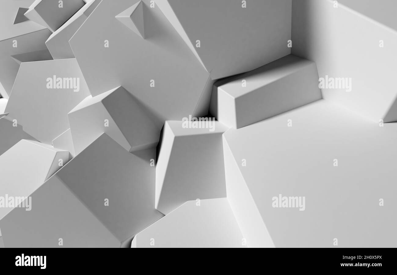 Abstract background with white 3D shapes flying in the light as a messy ...