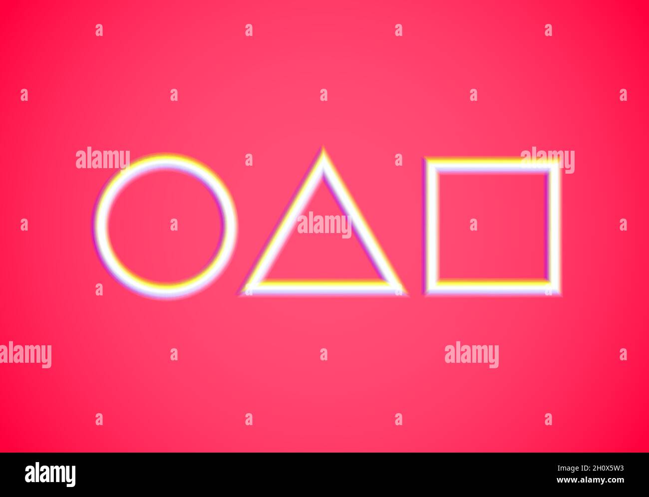 Neon geometric shapes with glitchy glowing. Shiny circle, triangle and ...