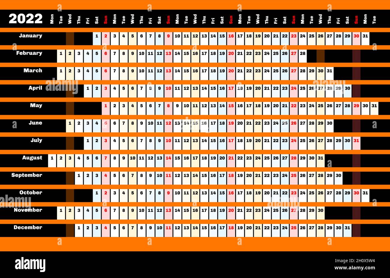 Black linear calendar 2022 with days and months color coding Stock ...