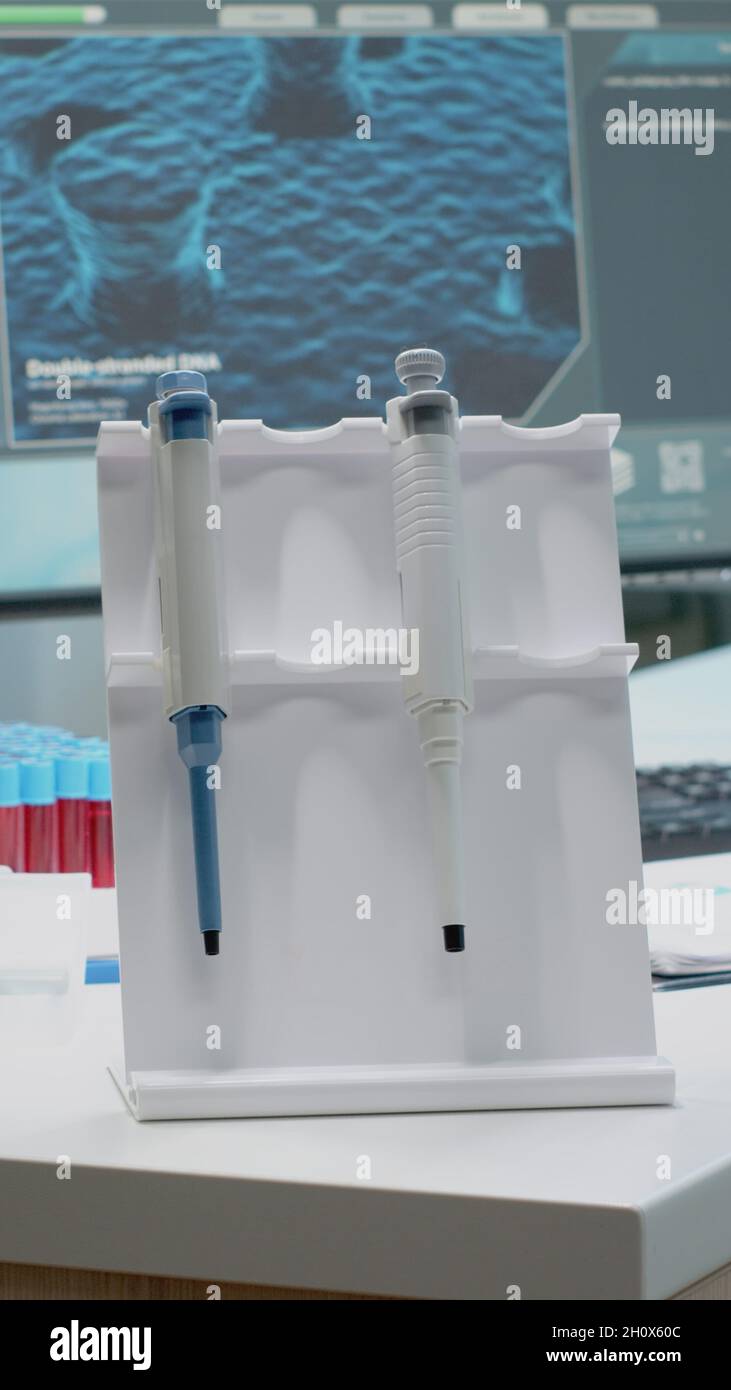 Close up of chemistry pipette in research laboratory with nobody at ...