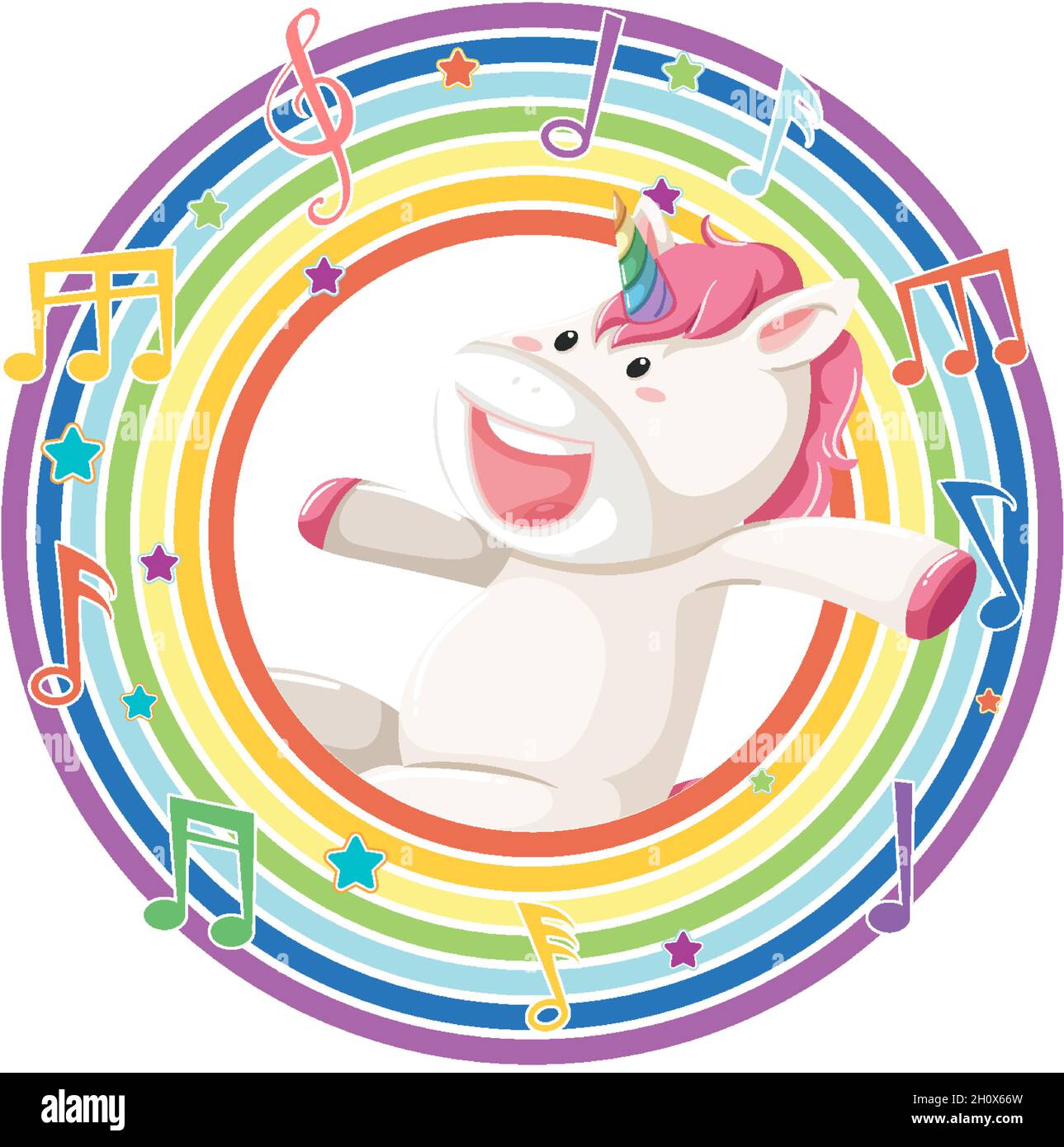 Unicorn in rainbow round frame with melody symbol illustration Stock ...