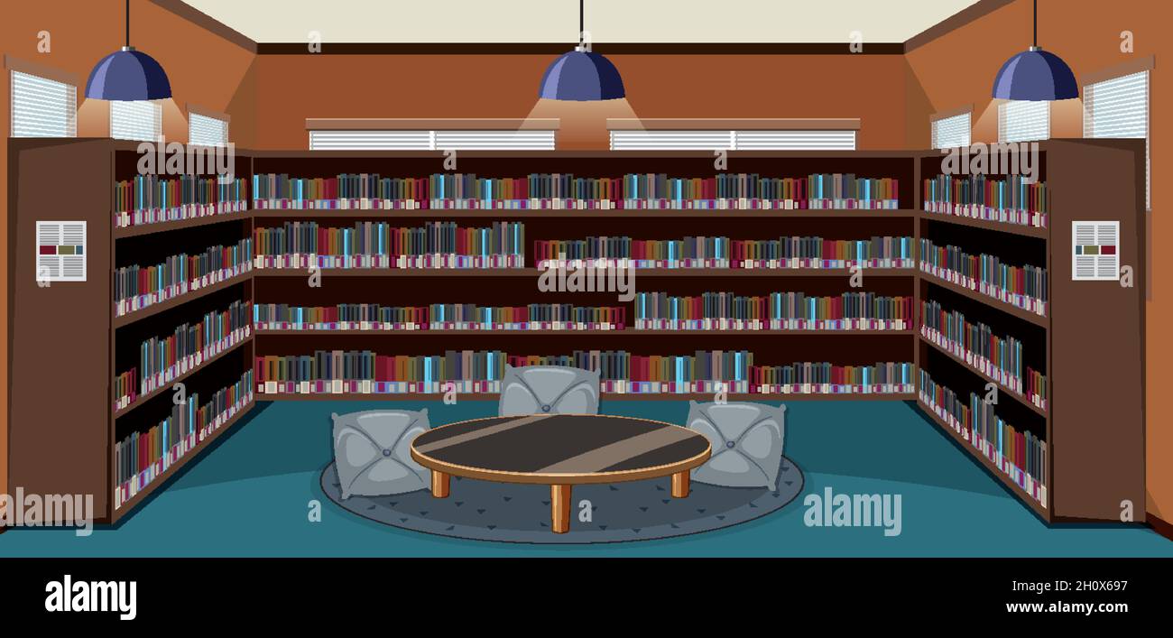 Empty library interior design with bookshelves illustration Stock ...