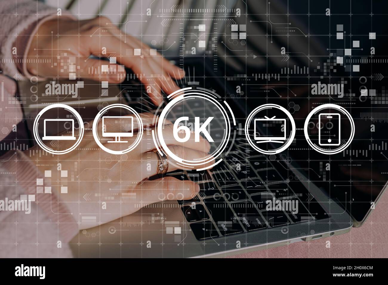 High resolution 6k concept on abstract image with hands and laptop with ...