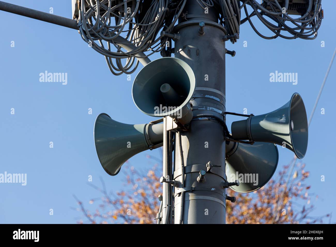 large industrial installation on a pole with megaphones to warn the ...