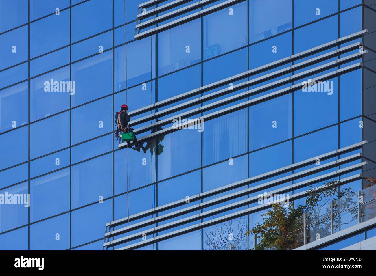 A man cleaning windows on a high rise building. Industrial climber ...