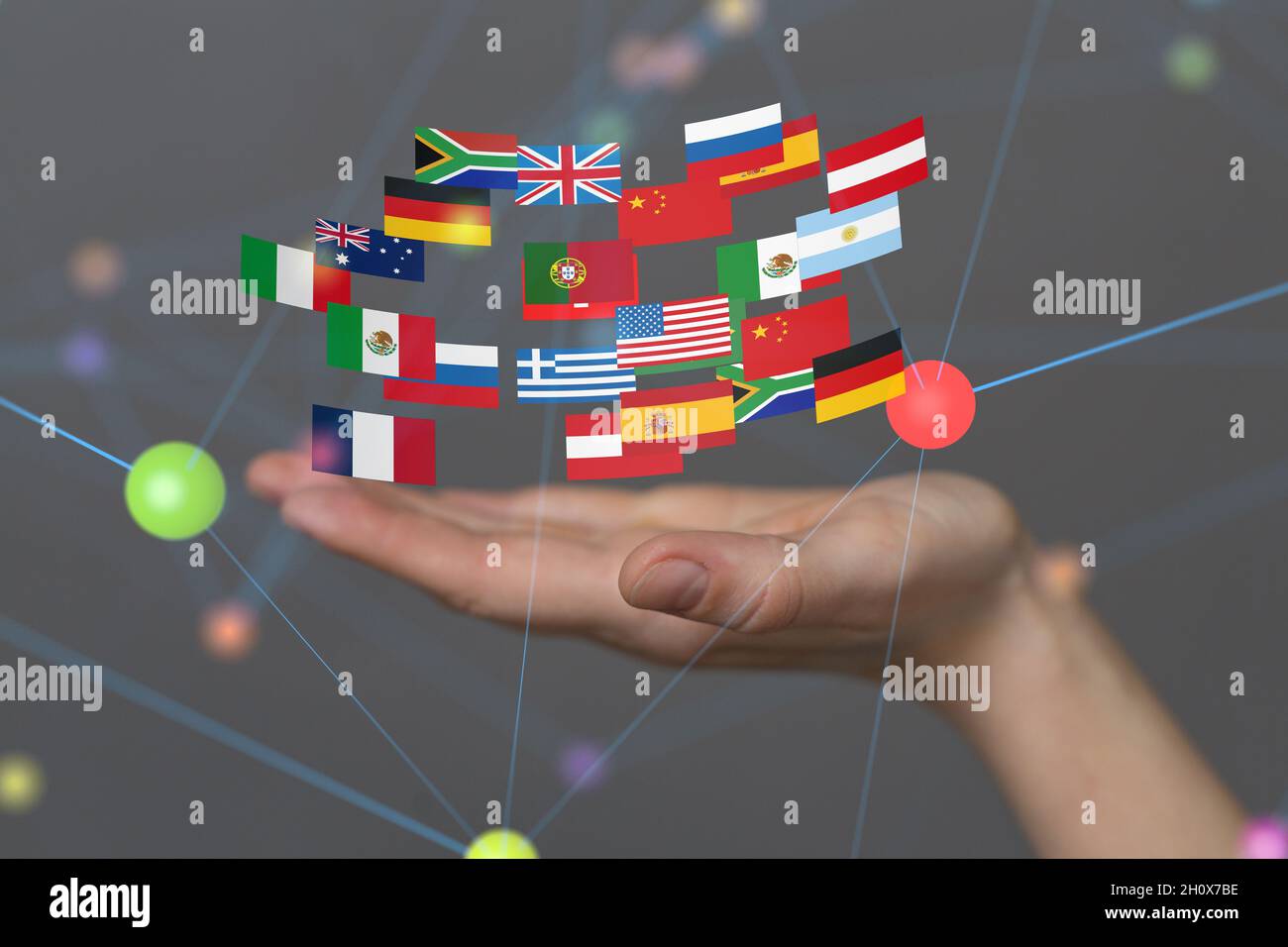 Person presenting the virtual projection of international country flags ...