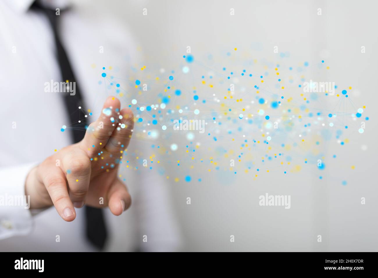 Person presenting the virtual projection of digital conference teamwork ...