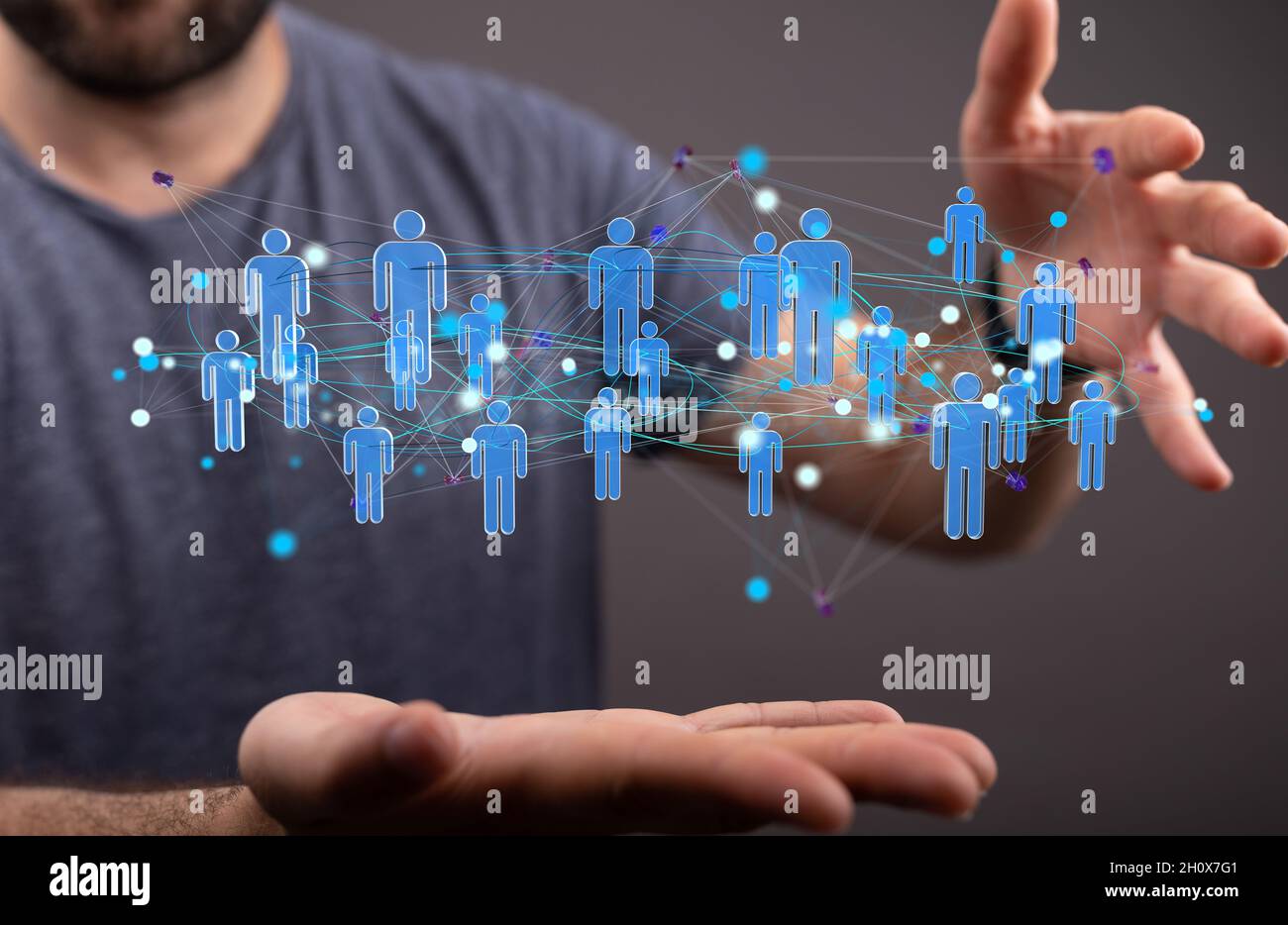 Person presenting the virtual projection of digital conference teamwork ...