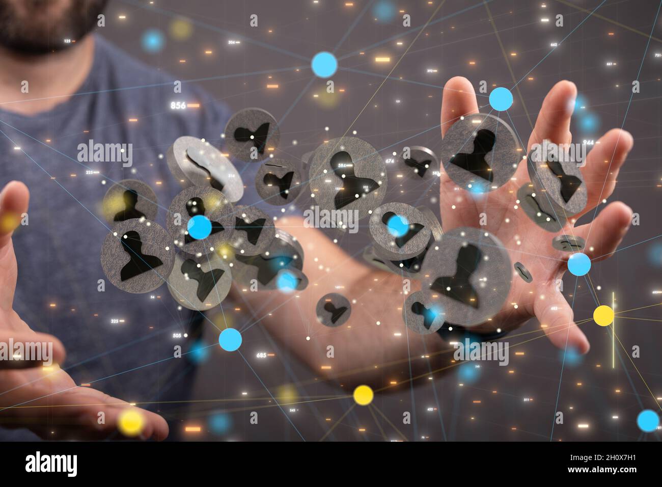 Person presenting the virtual projection of digital conference teamwork ...