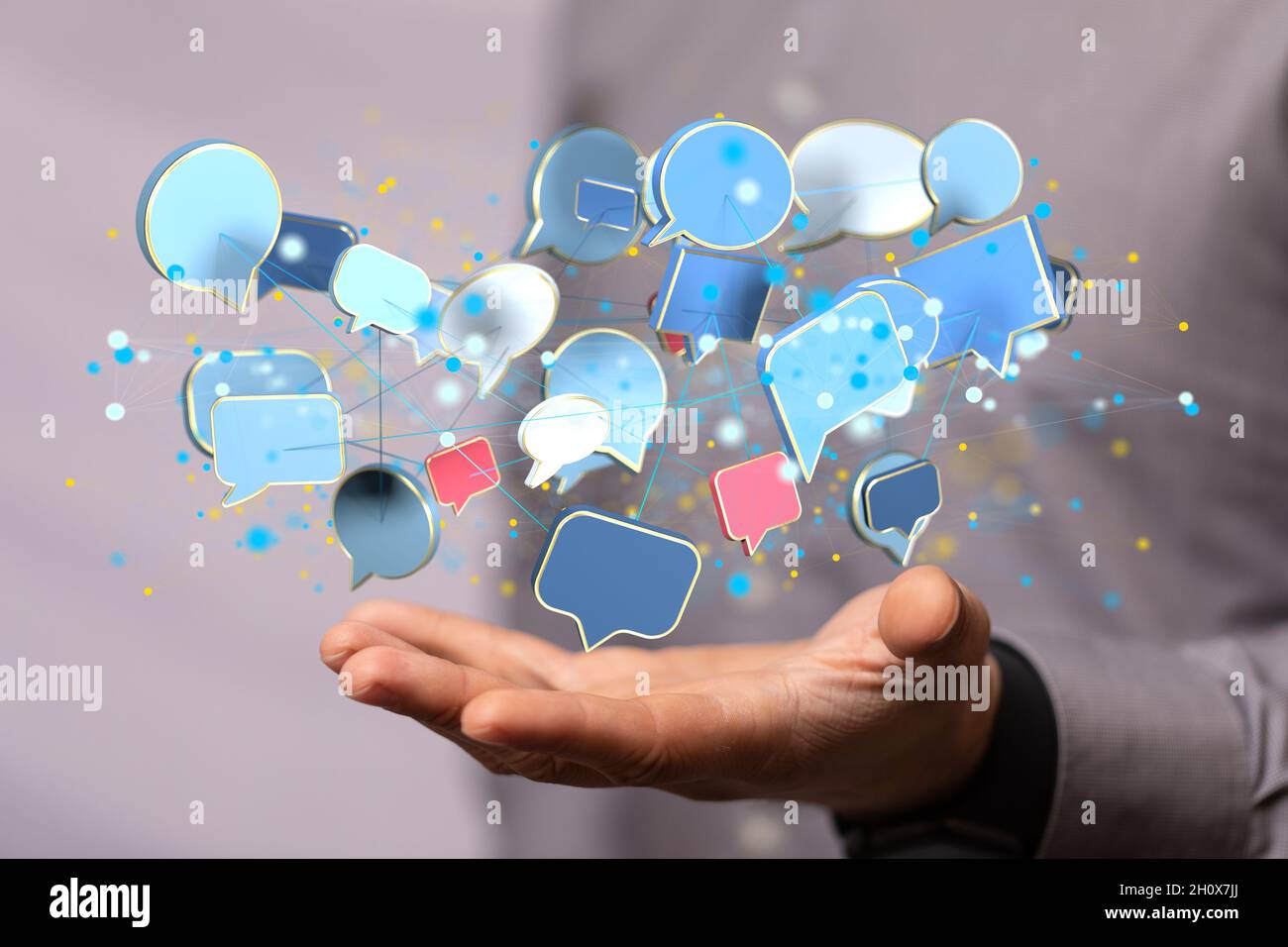 Person presenting the virtual projection of digital speech bubbles ...