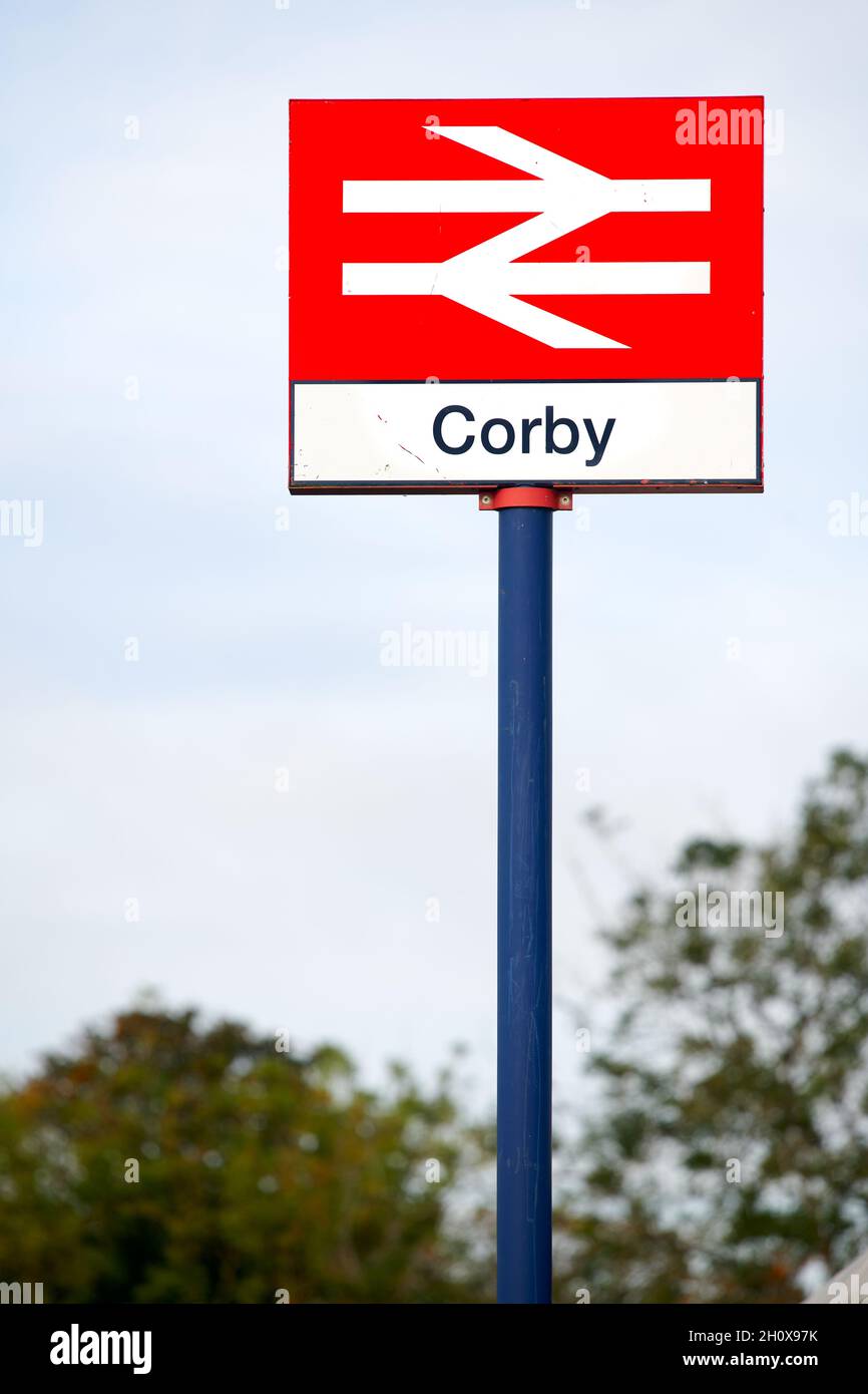 Sign for the rail station at Corby, England Stock Photo - Alamy