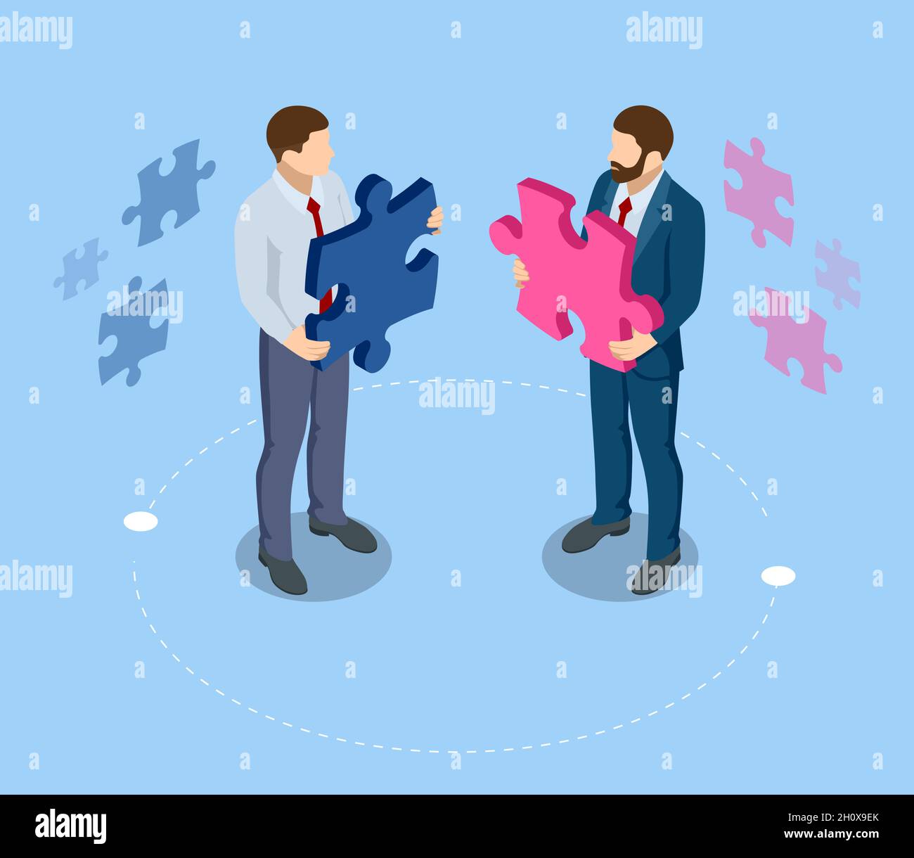Isometric people connecting puzzle elements. Business teamwork ...