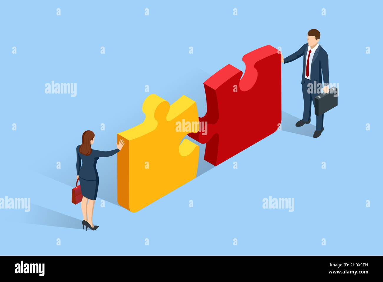 Isometric people connecting puzzle elements. Business teamwork ...