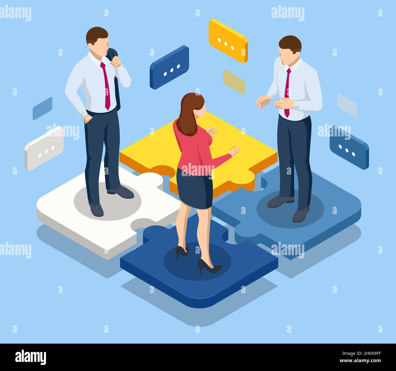 Isometric people connecting puzzle elements. Business teamwork ...