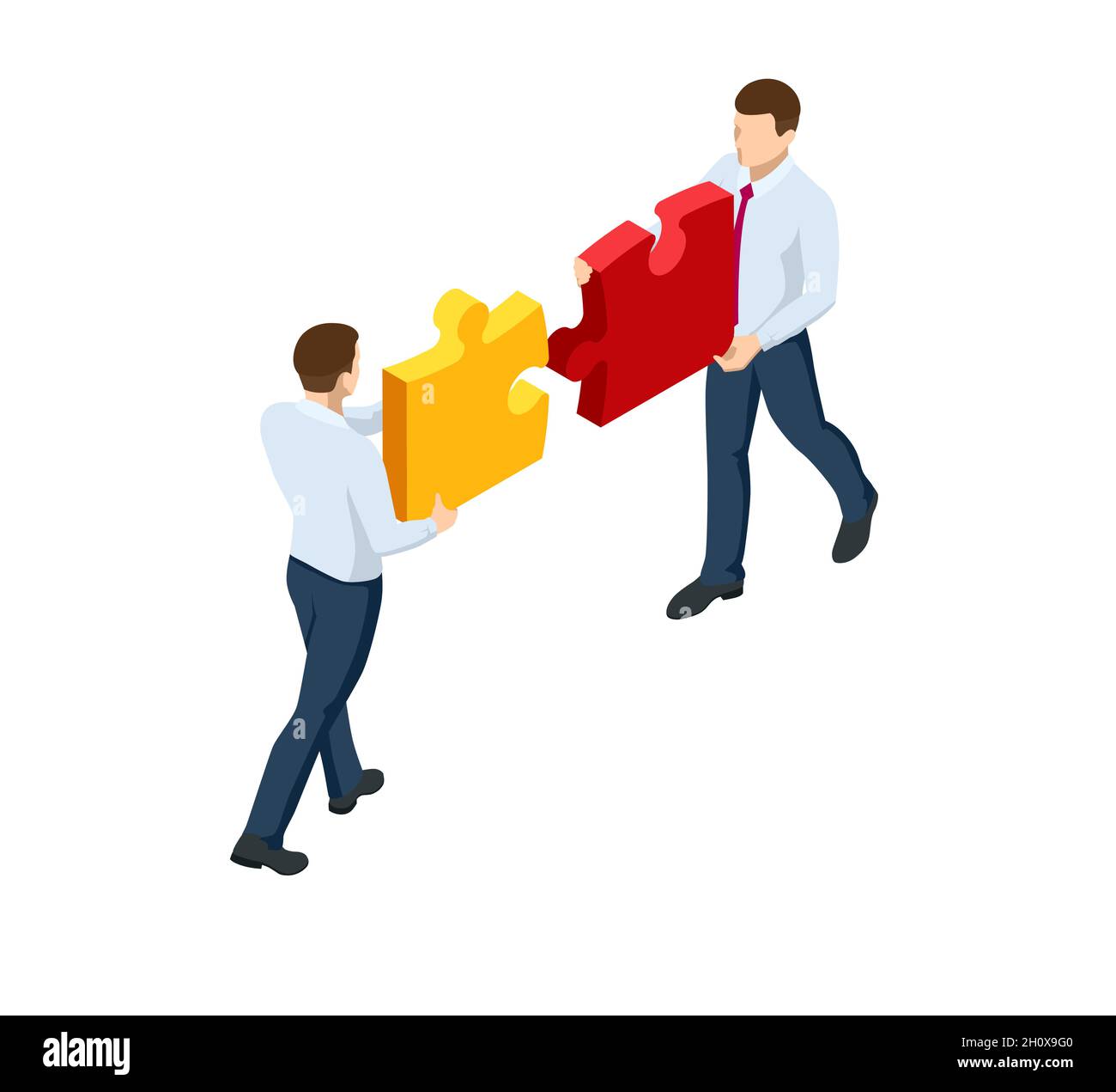 Isometric people connecting puzzle elements. Business teamwork ...