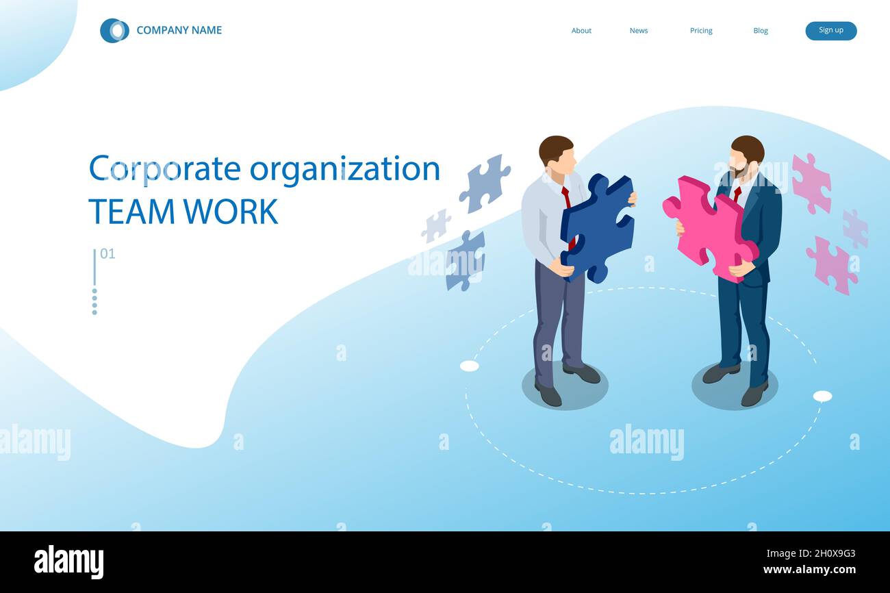 Isometric people connecting puzzle elements. Business teamwork ...