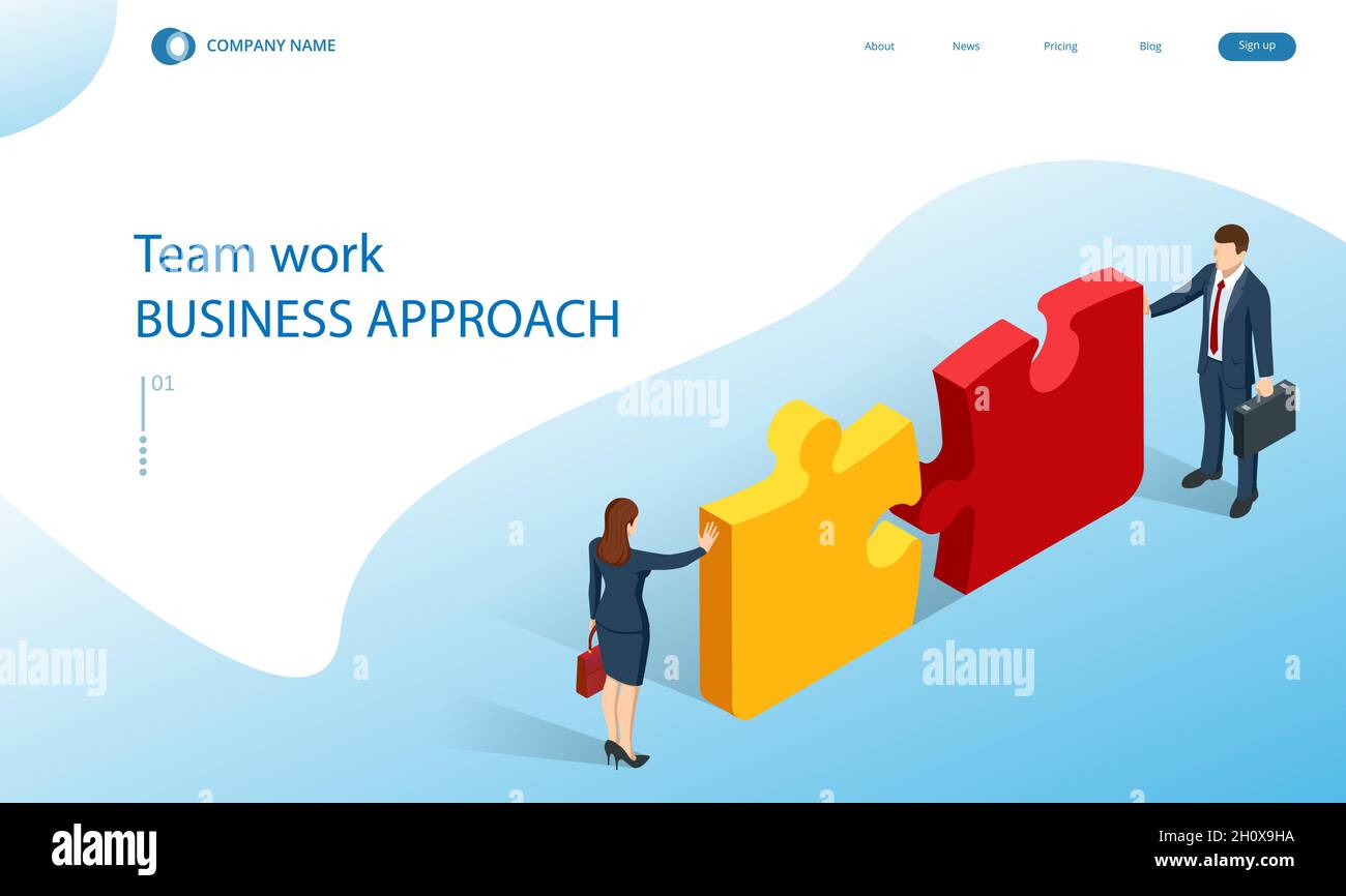 Isometric people connecting puzzle elements. Business teamwork ...