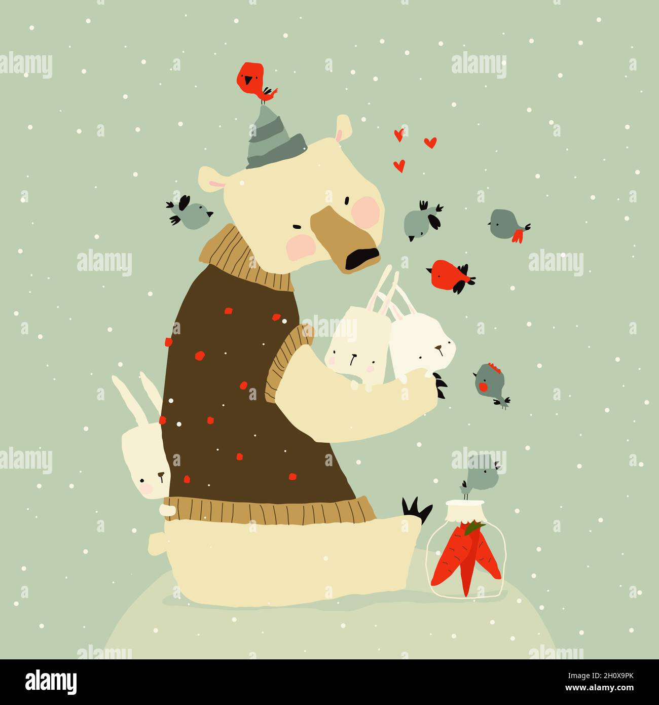 Cute Cartoon Polar Bear hugging Rabbits. Hello Winter Stock Vector ...