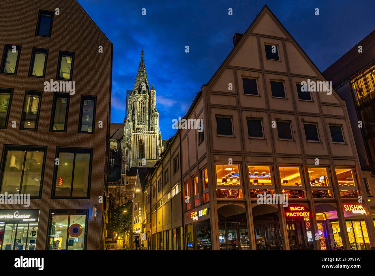 Night cityscape of the historic and revalued houses of the city of Ulm ...