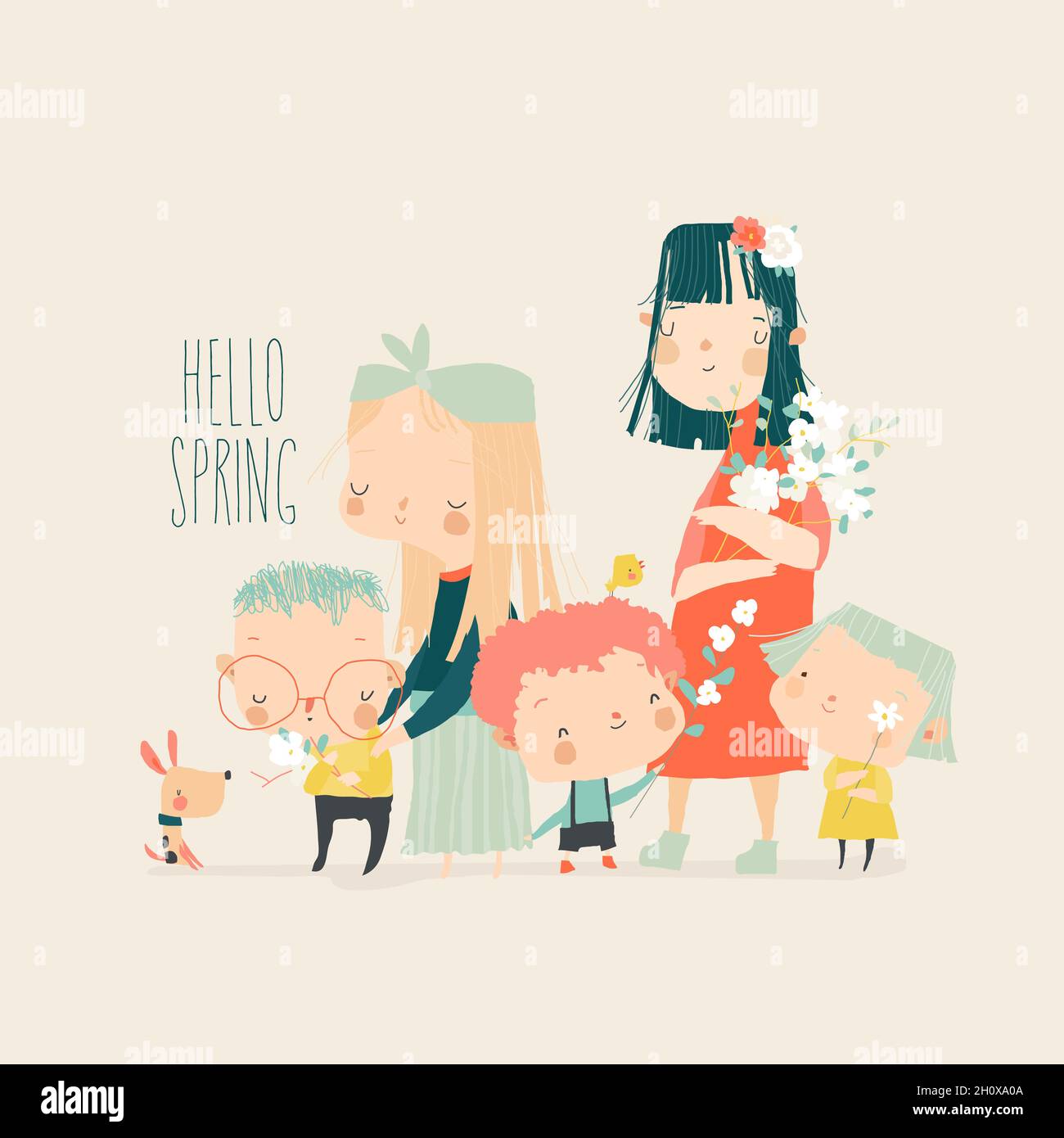 Cute Cartoon Group of Children holding Spring Flowers Stock Vector ...