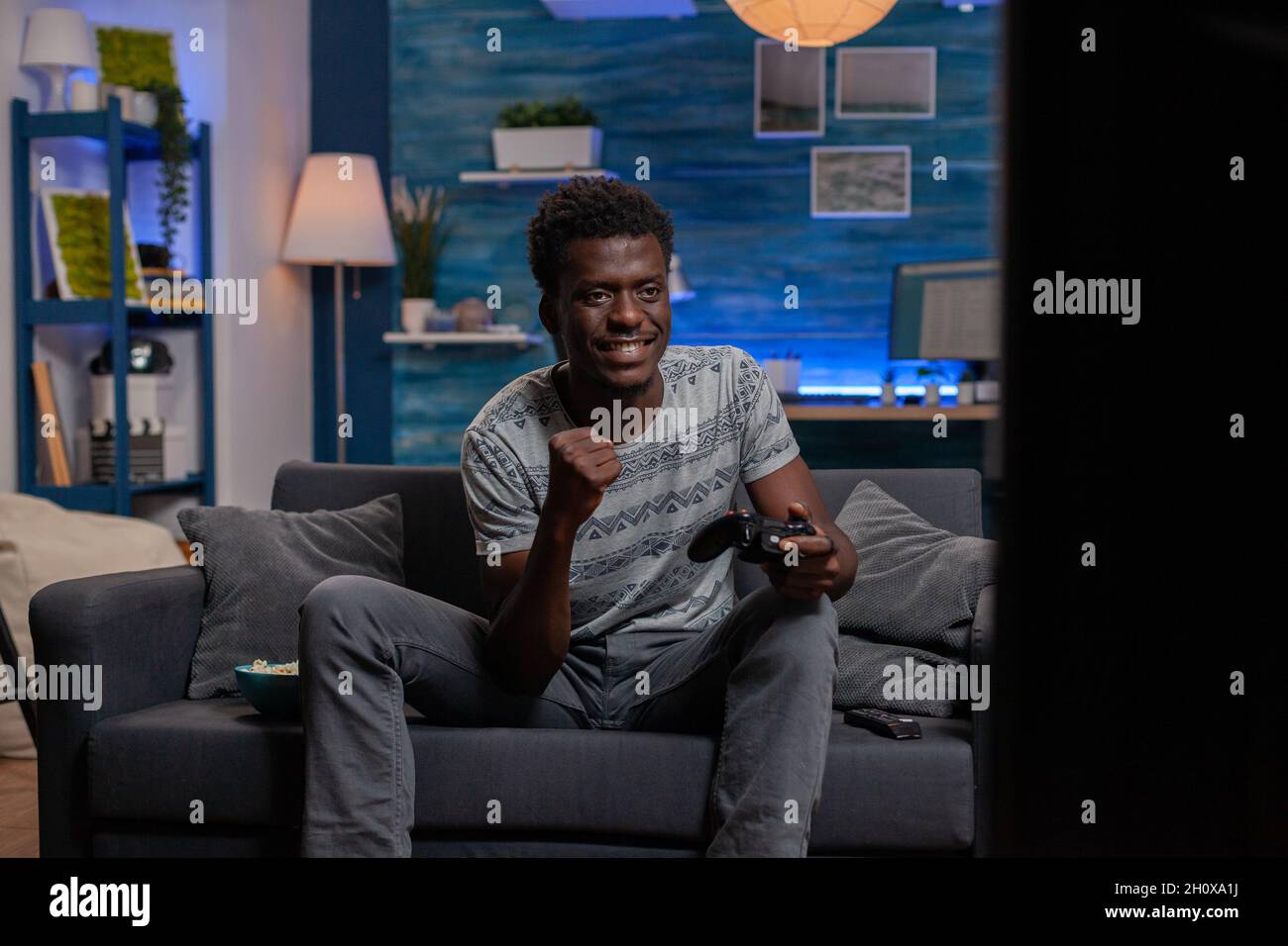 African american gamer winner playing online videogame winning space ...