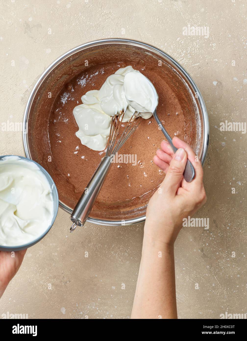 chocolate cake dough making process, adding yogurt to the dough, top ...
