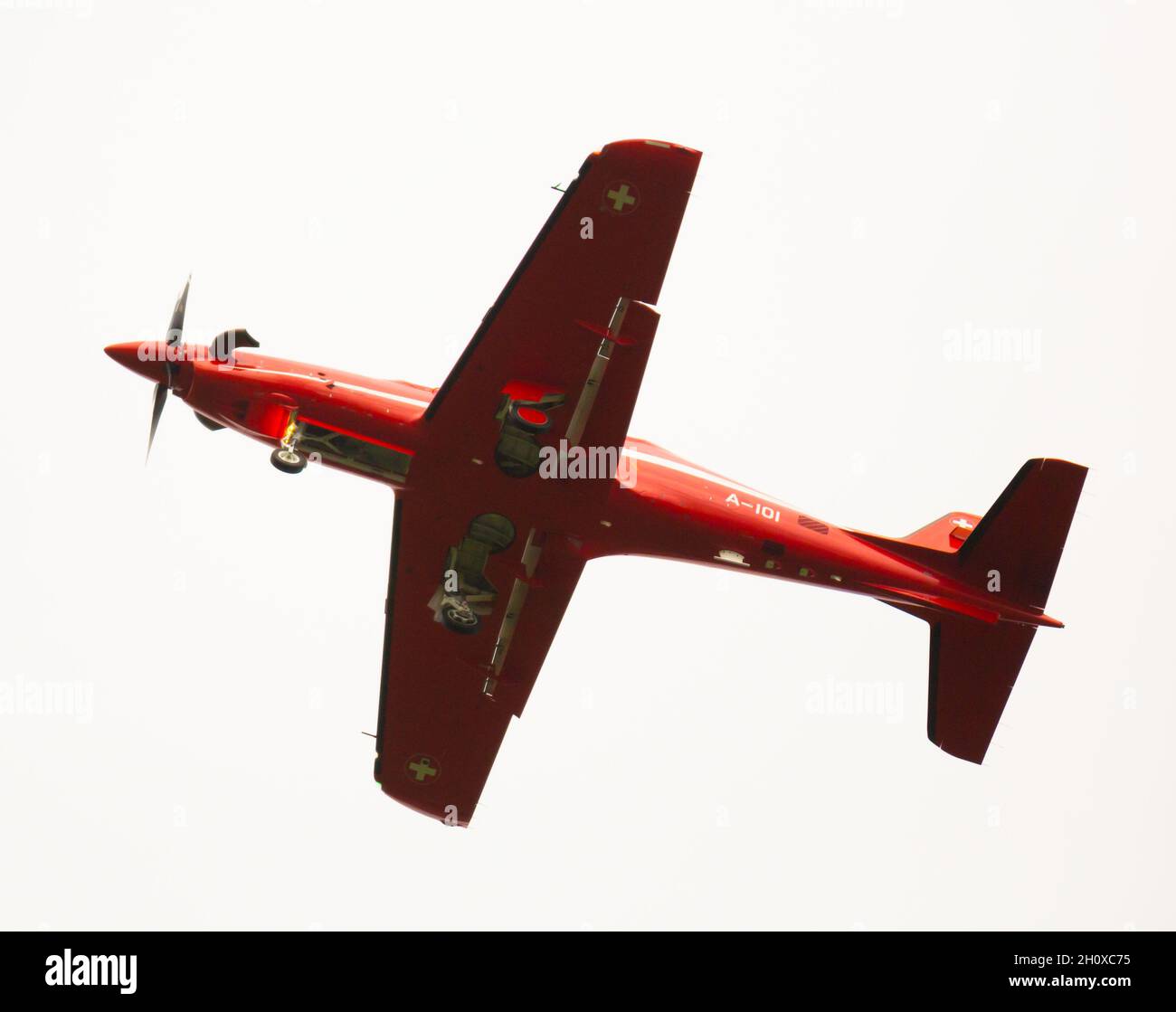 Single engine trainer aircraft Pilatus PC-21 during landing in Emmen ...