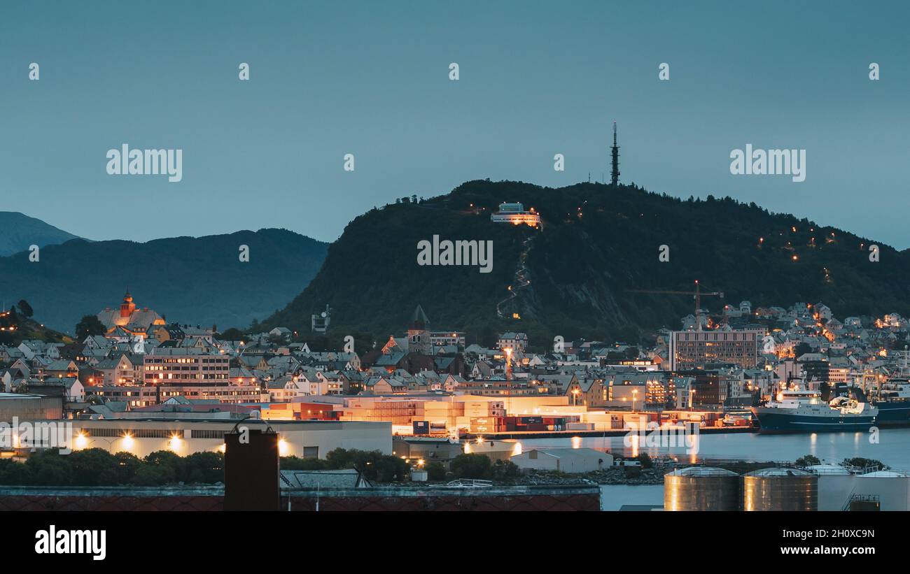Alesund, Norway. Alesund Skyline Cityscape And Port Terminal In Evening ...