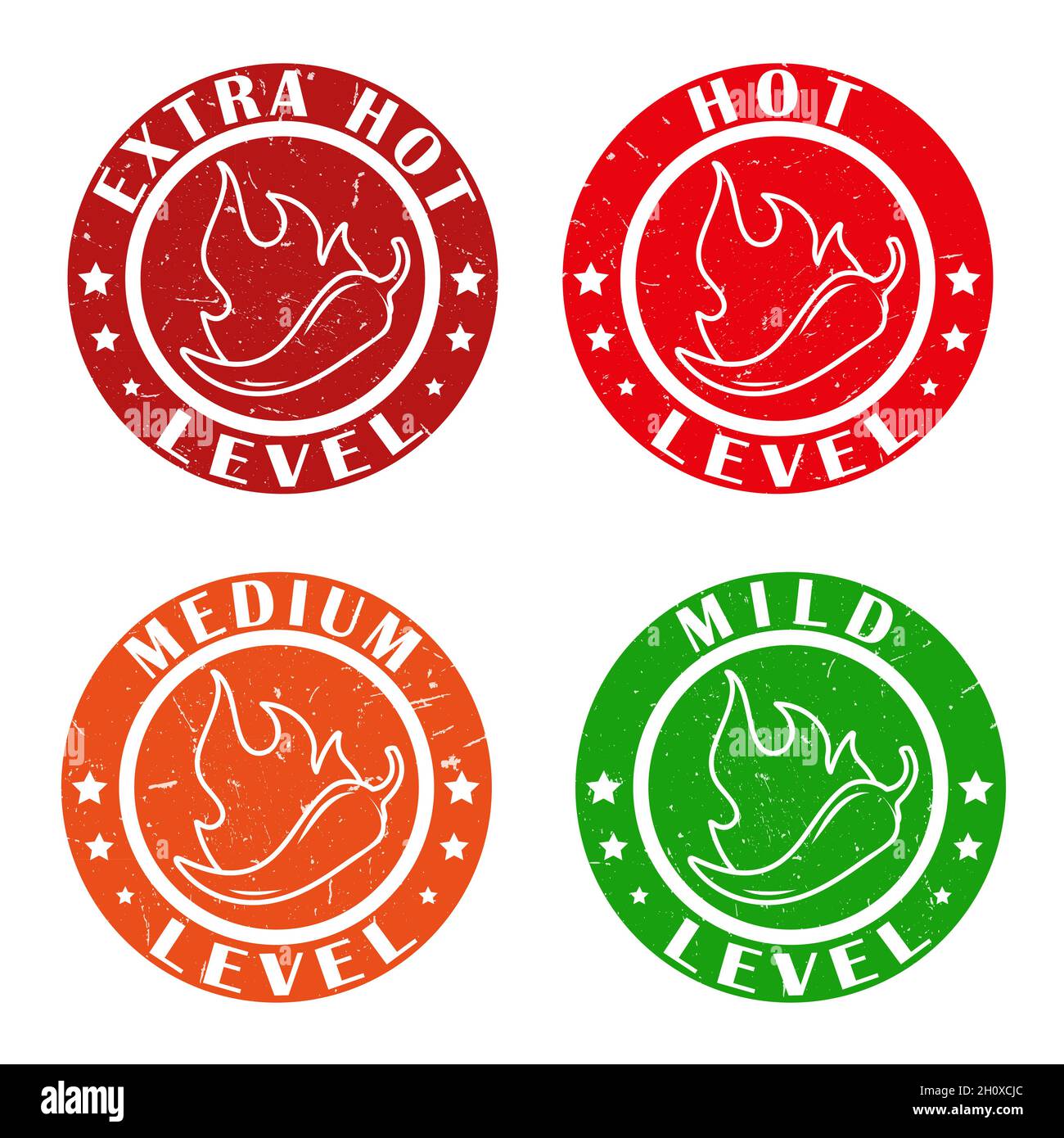 Icons with Chili Pepper Spice Levels. Hot pepper stamps with fire flame ...