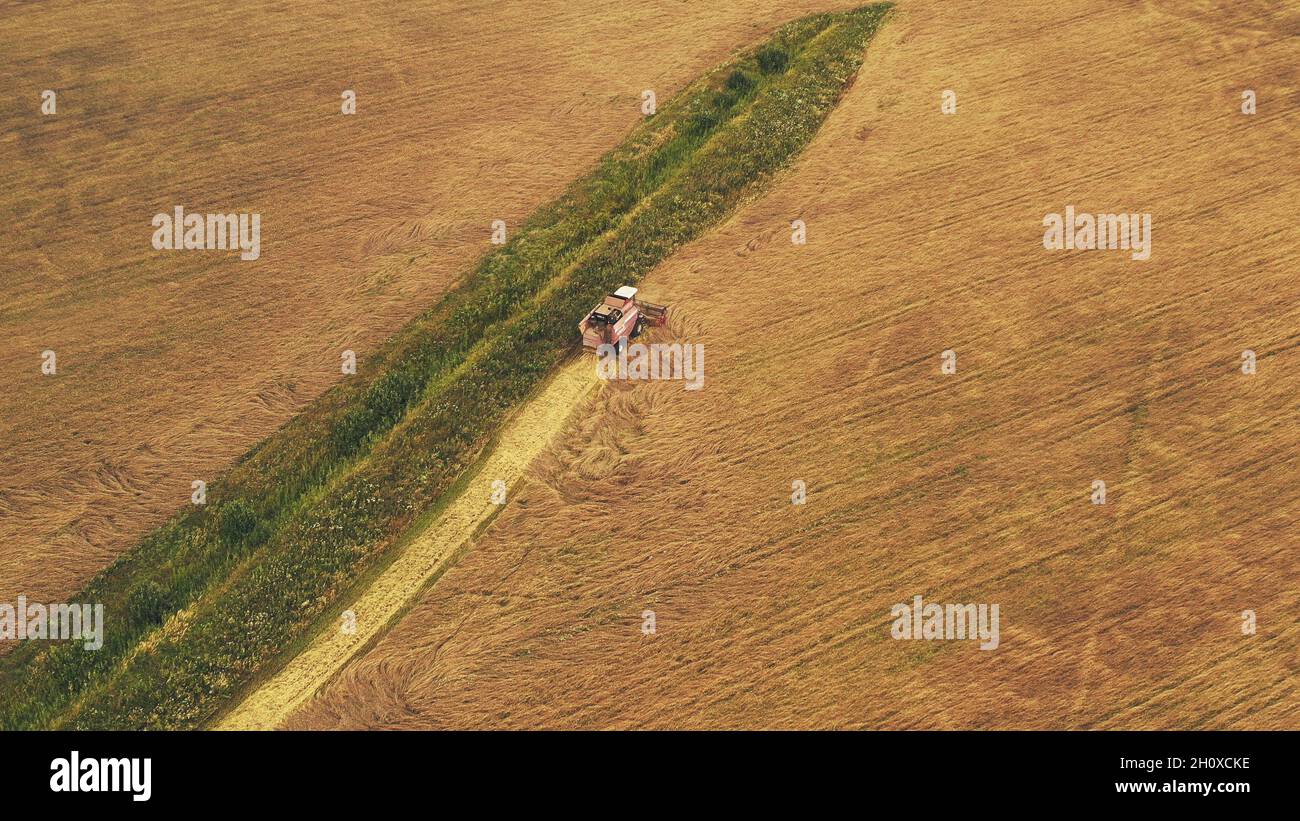 Aerial View Of Rural Landscape. Combine Harvester Working In Field ...