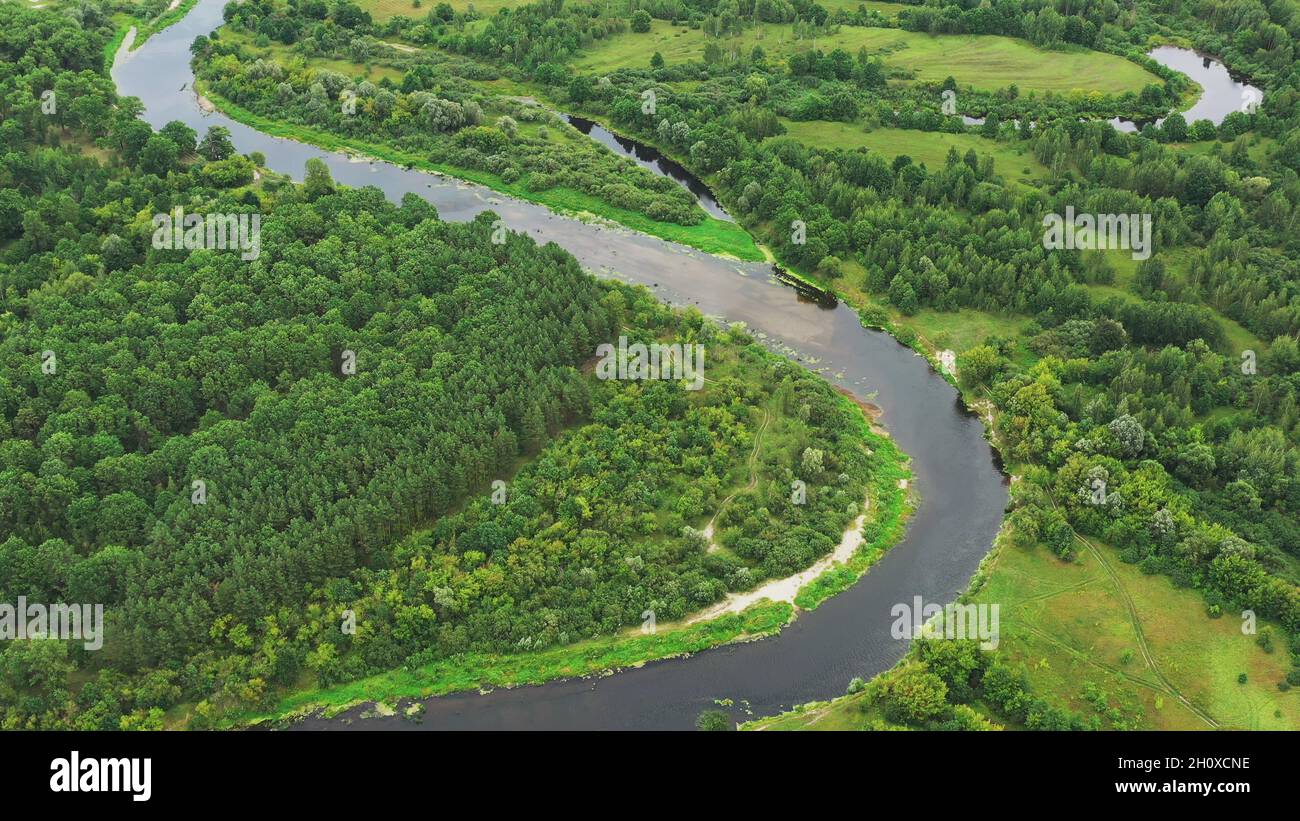 Aerial View Green Forest Woods And River Landscape In Summer Day. Top ...
