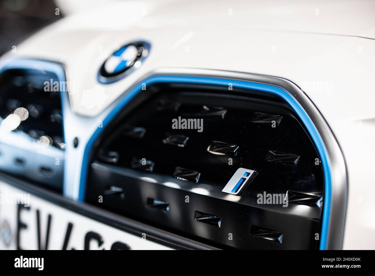 Garching, Germany. 29th Sep, 2021. The logo of BMW's "i" sub-brand is ...