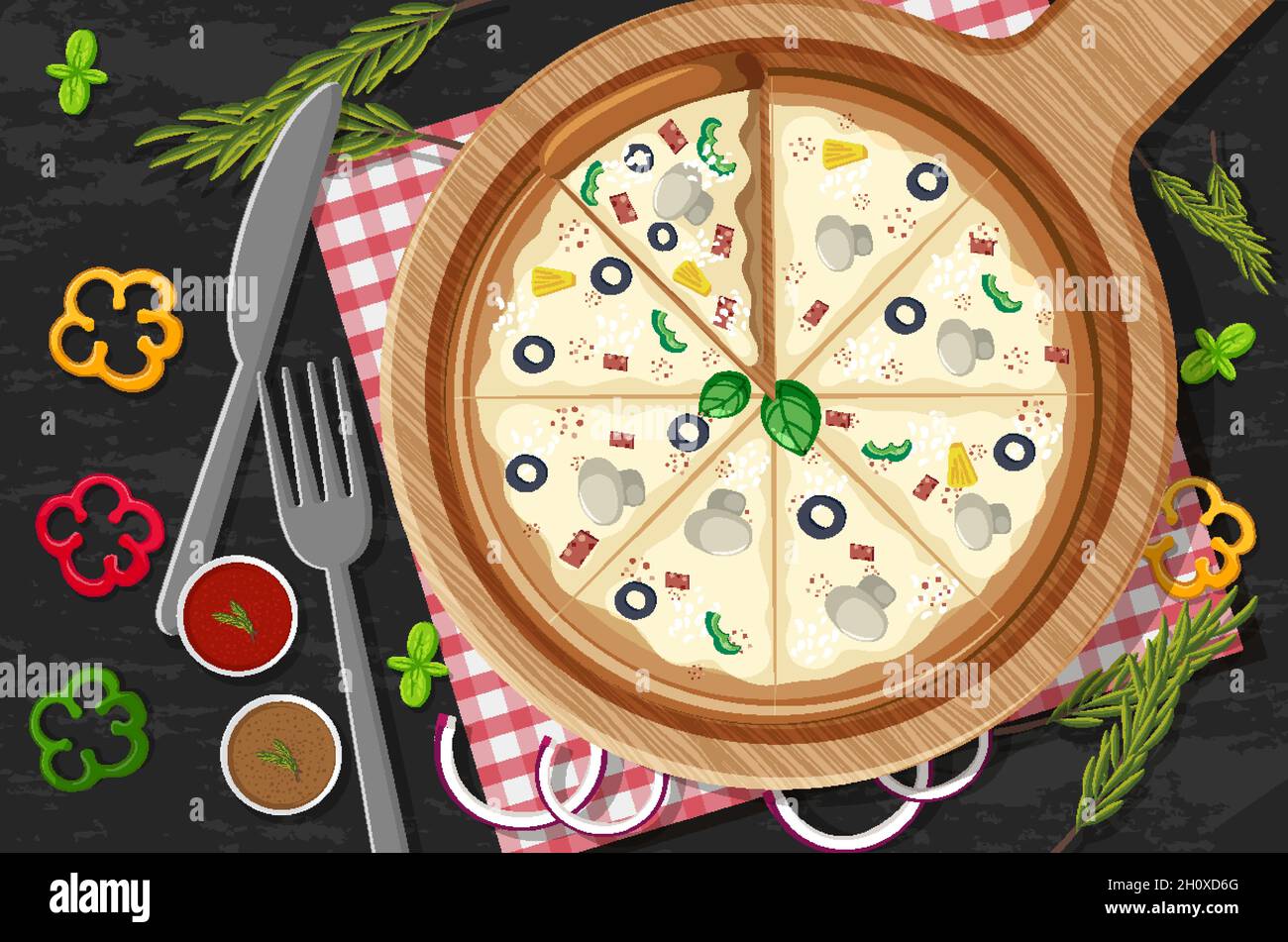 Pizza on wooden plate with various vegetables on table background ...