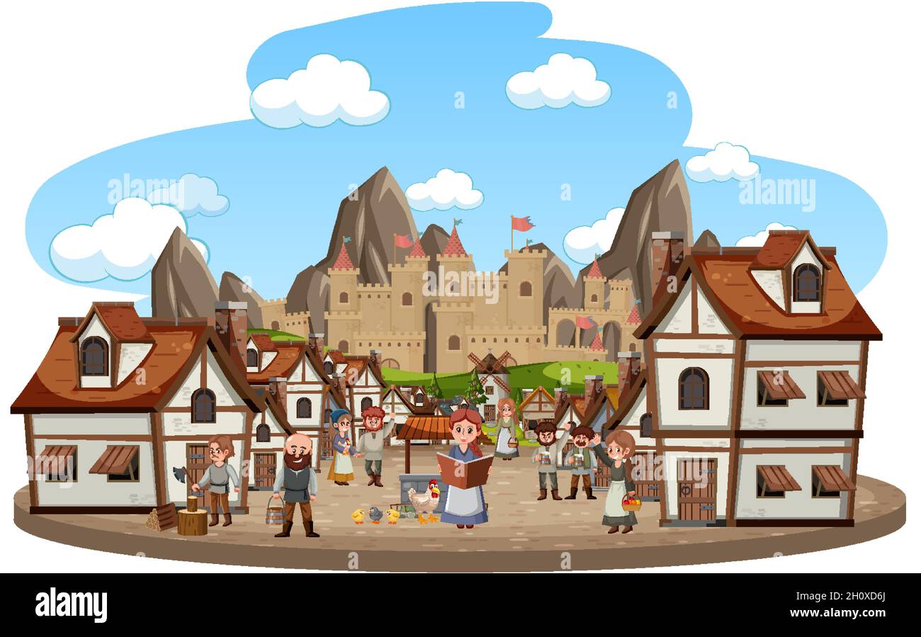 Medieval village with villagers on white background illustration Stock ...