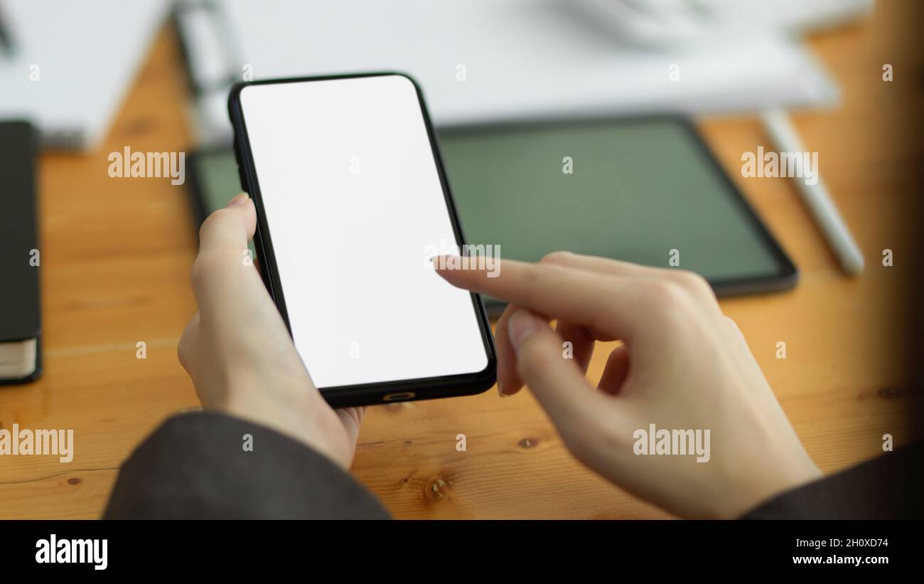 Close-up Smartphone white screen for montage your graphic and touched ...