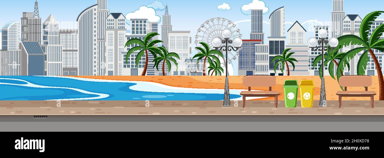 Beach city park horizontal scene at day time illustration Stock Vector ...