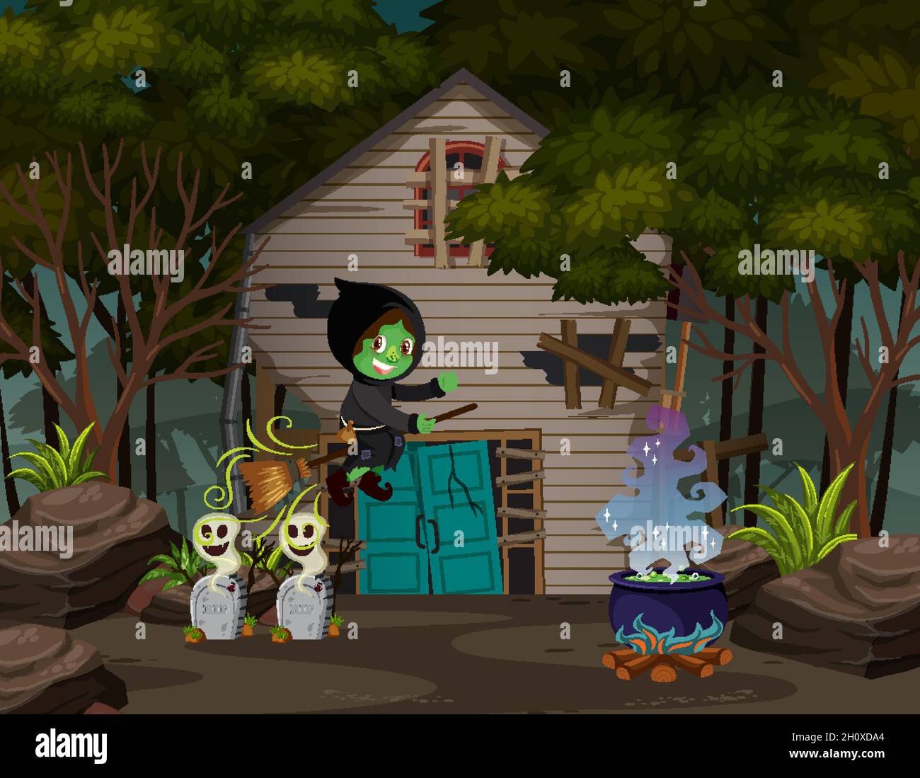 Witch riding a broom in front of haunted house in the woods ...
