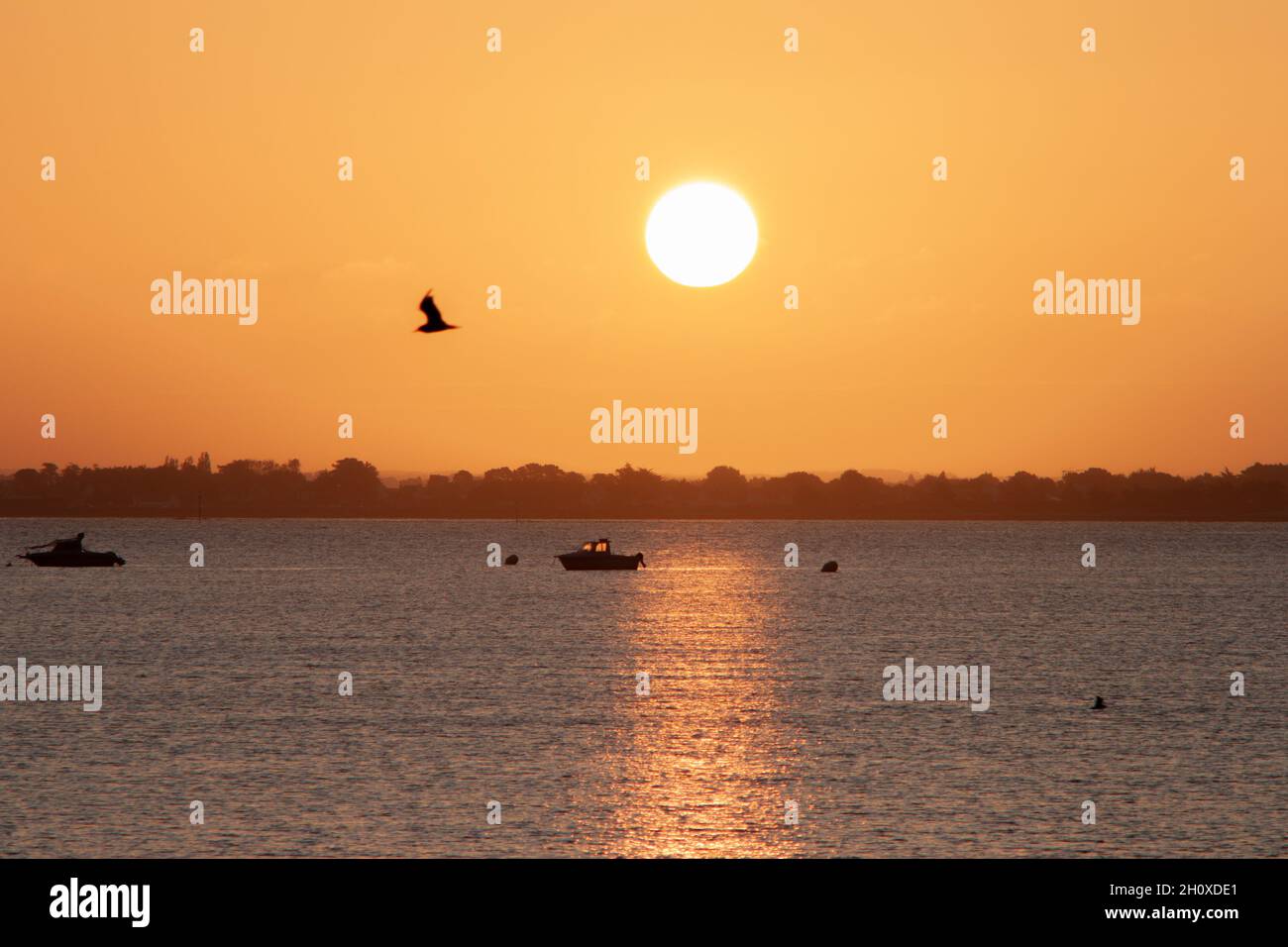Early morning sunrise over the sea. The boats are at anchor and the ...