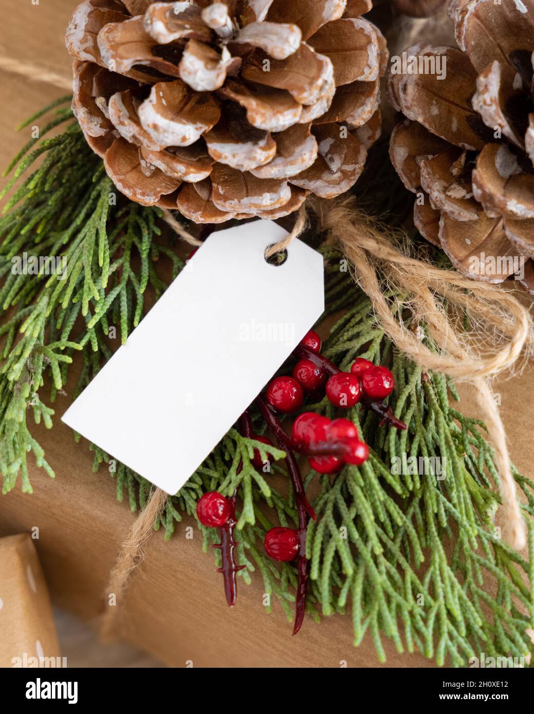 Christmas wrapped present with paper gift tag on a white table with fir ...
